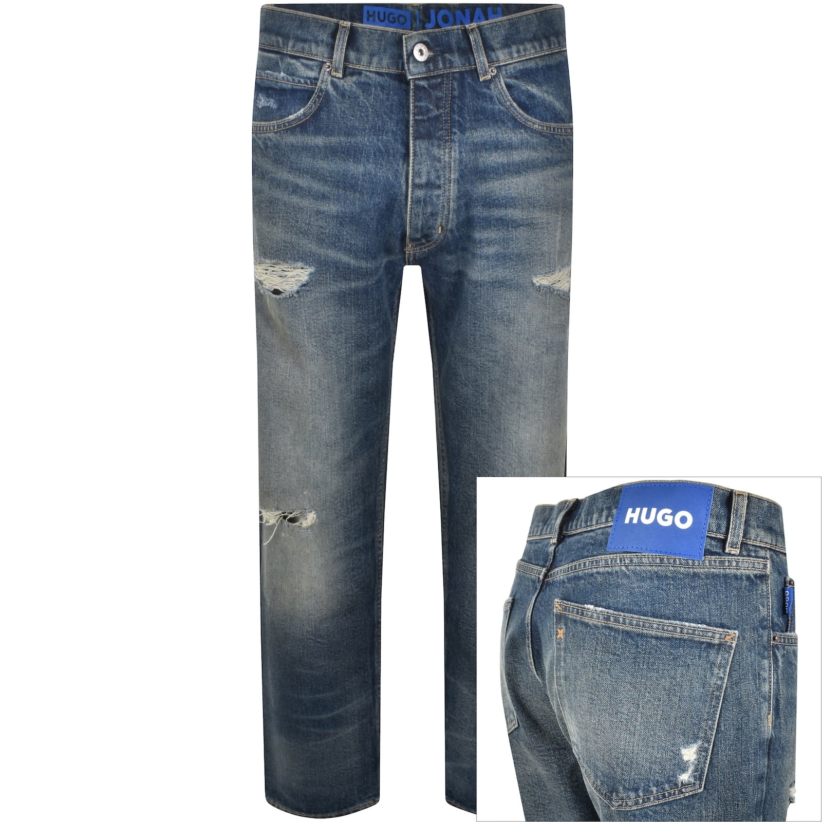 HUGO Blue Straight Fit Jonah Mid Wash Jeans Navy | Mainline Menswear ...